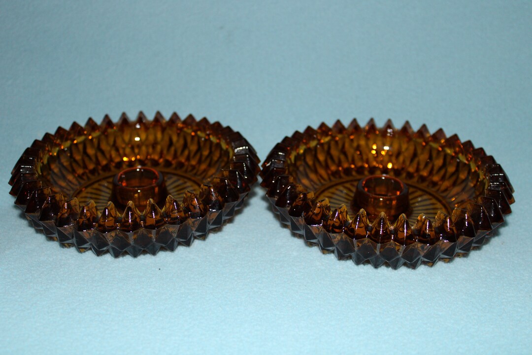 Vintage Set of 2 Indiana Amber Glass Candle Holders Diamond Point ...