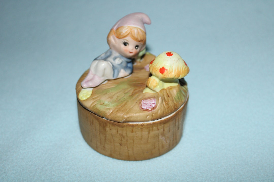 Collectible Pixie Elf and Toadstools Porcelain Trinket Box Shaped and ...