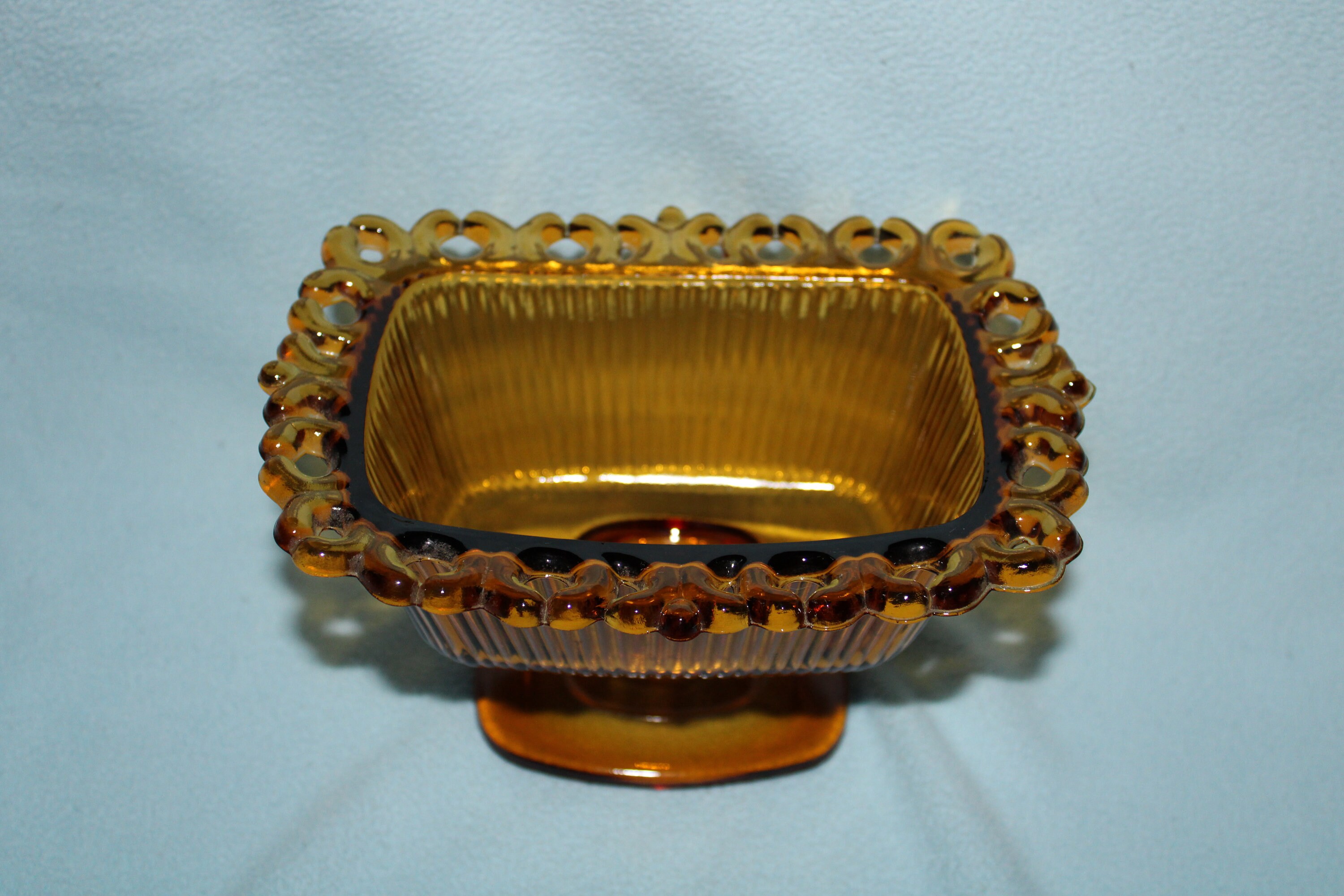 FTDA 1981 Amber Indiana Glass Pedestal Candy Dish Lace Edge No - Etsy