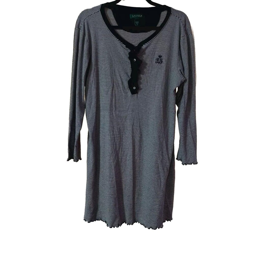 Lauren Ralph Lauren Black & White Stripe Monogram V Neck Nightgown Size ...