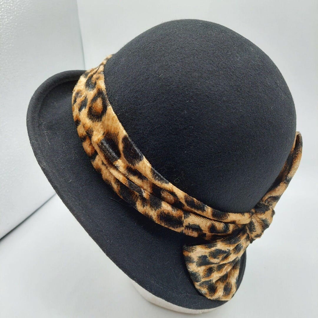 ADORA Black Felt Hat Leopard Trim Bow - Etsy