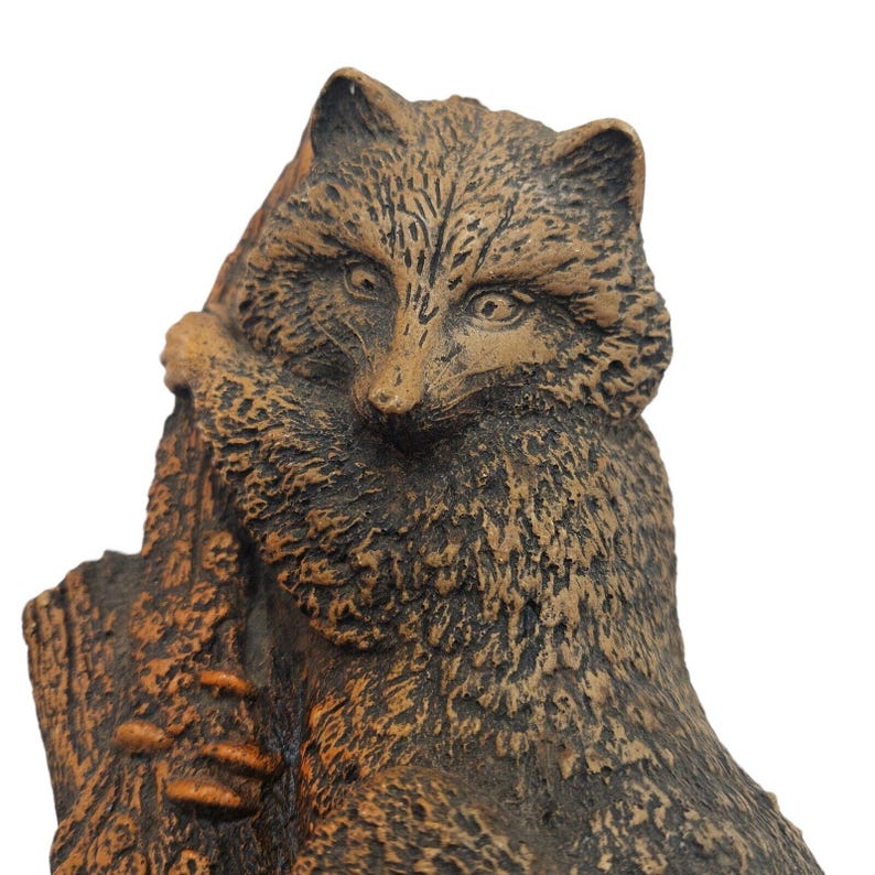 Vintage Chalkware Fox or Raccoon Sculpture Figurine on Tree Brown Black ...