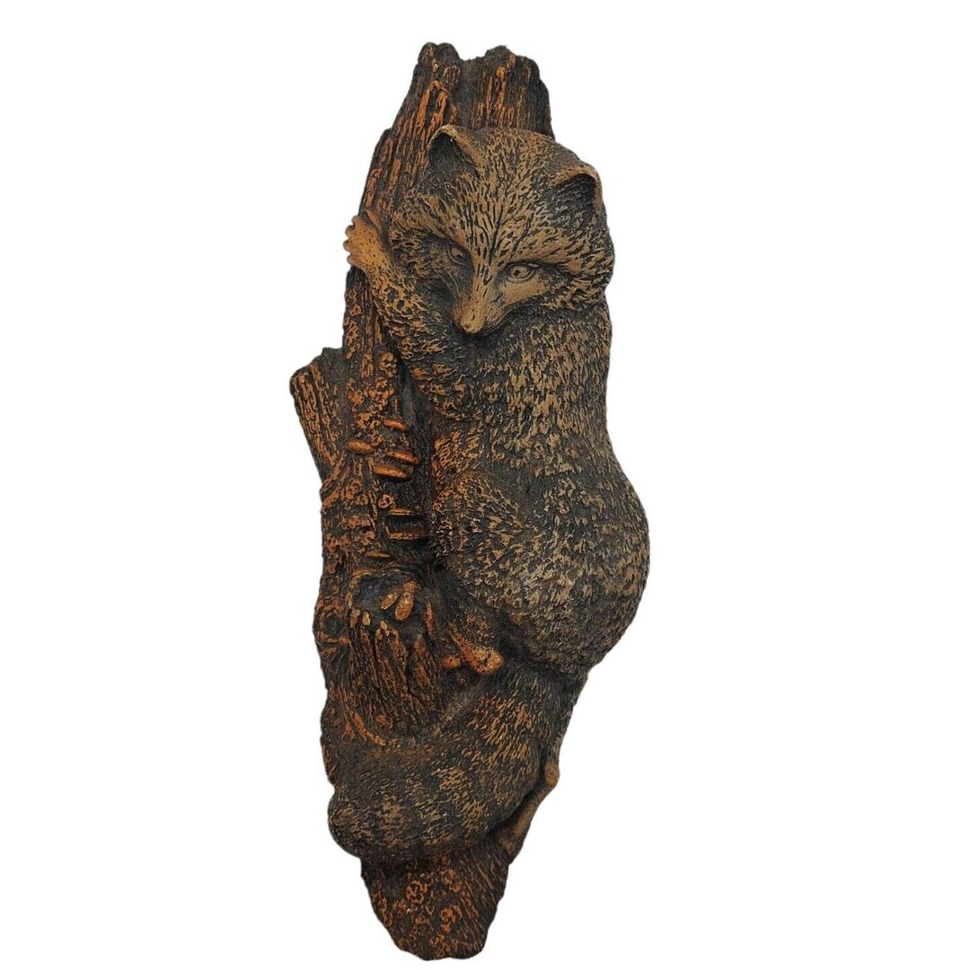 Vintage Chalkware Fox or Raccoon Sculpture Figurine on Tree Brown Black ...