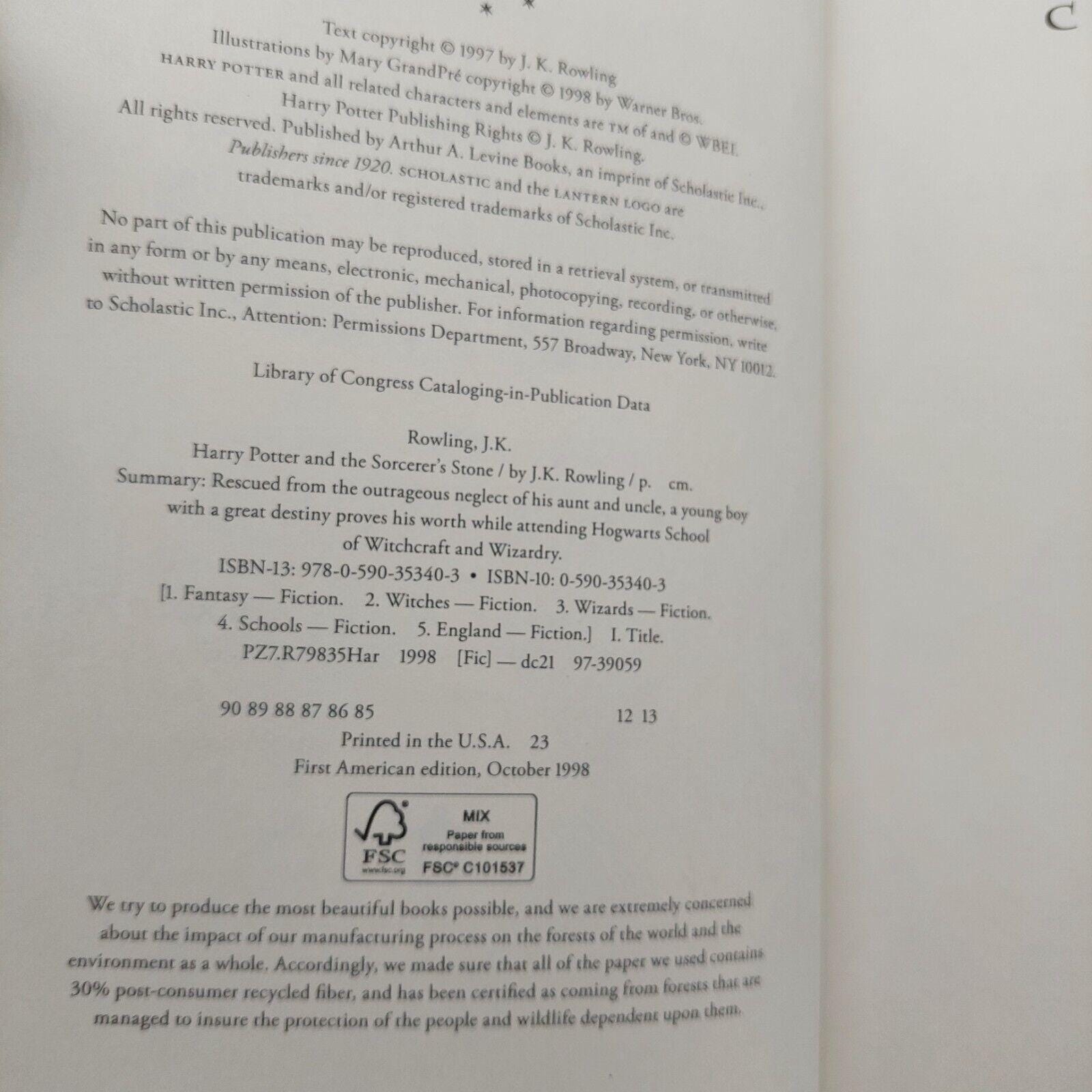 Harry Potter and the Sorcerer's Stone First US Edition 1st Hardcover ...
