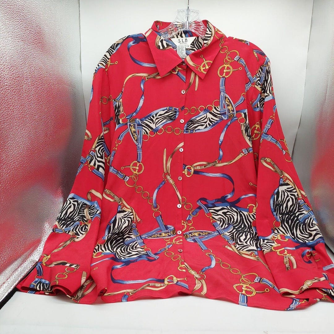 SLB Red Silk Blouse Size 1X Chain Zebra Pattern Long Sleeve Vintage ...