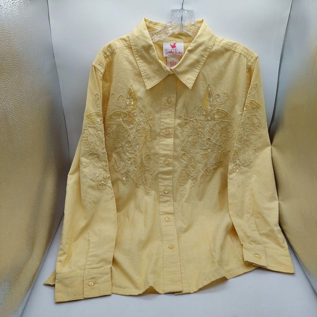 Quacker Factory Shirt Button up Yellow Shirt Beaded Floral Butterfly ...