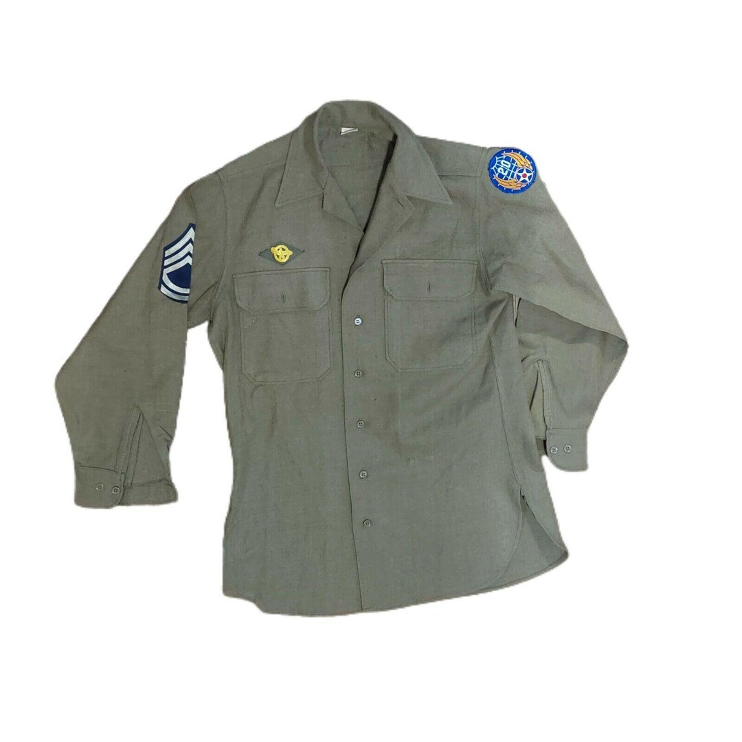 Army WW2 Shirt Wool Button Down Olive With Patches 14 1/2 - 32 Military ...
