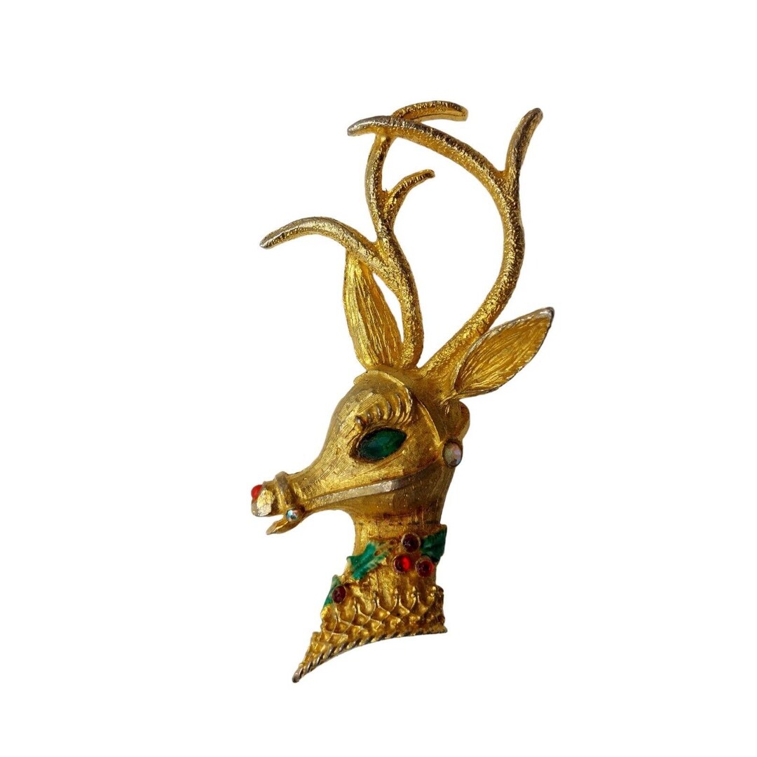 Vintage Mylu Brooch Pin Reindeer Christmas Green Eye Holly Gold Tone 3 ...