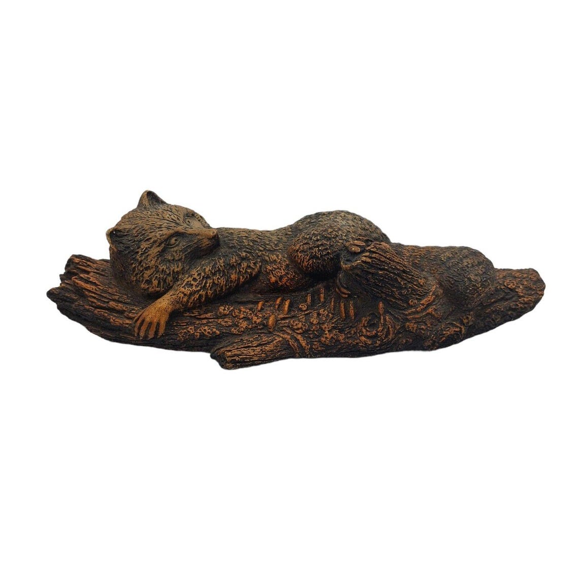 Vintage Chalkware Fox or Raccoon Sculpture Figurine on Tree Brown Black ...