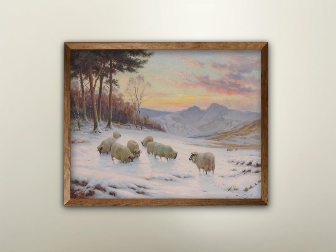 1920s Winter Evening Mountain Landscape Painting --- Flock of Sheep ...