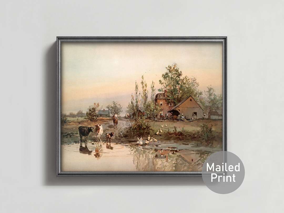 American Farm Landscape Print Antique Farmhouse Wall Art, Barn Painting ...