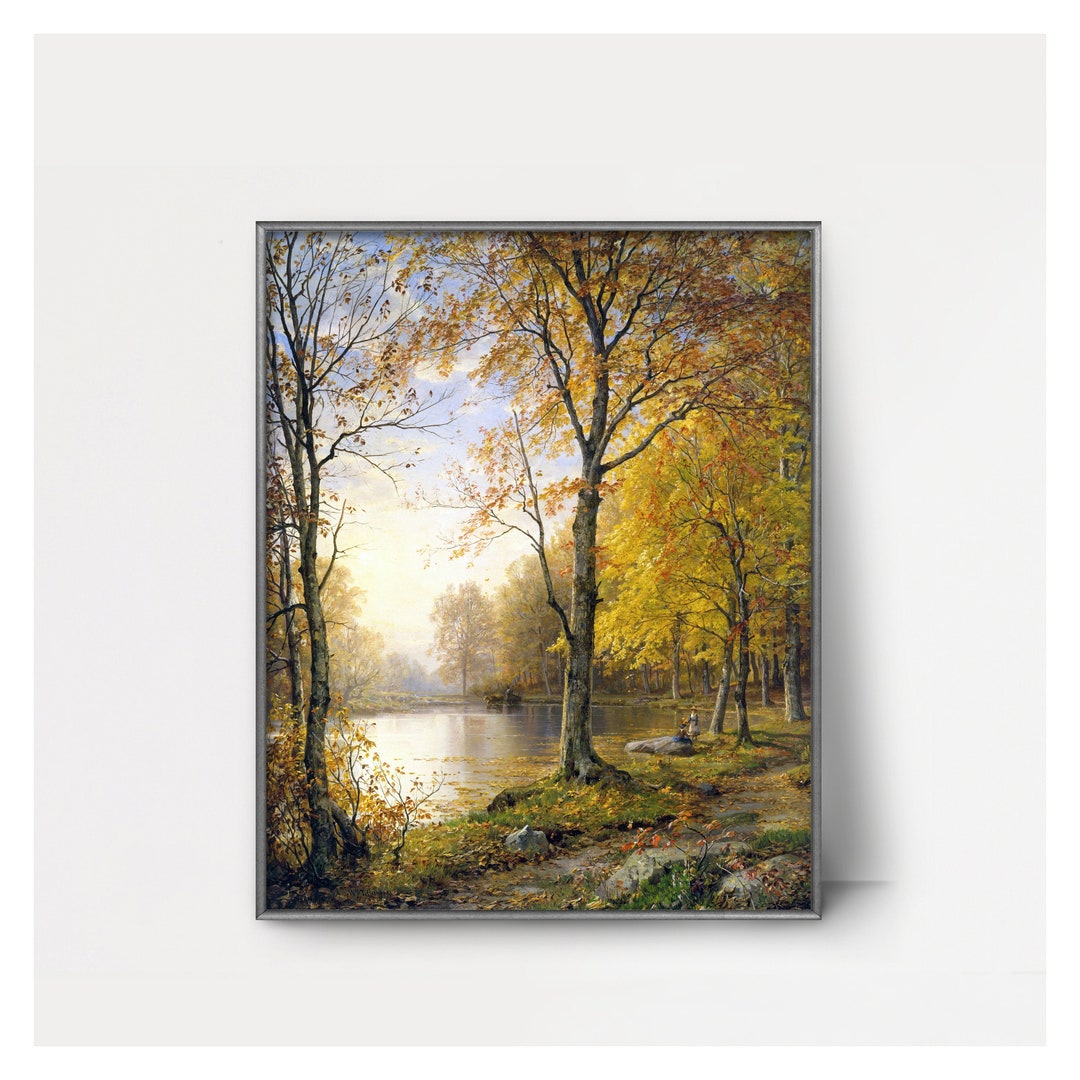 Golden Autumn 1870s Fall Landscape Painting Scenic Nature River Print ...