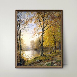 Golden Autumn 1870s Fall Landscape Painting --- Scenic Nature River ...