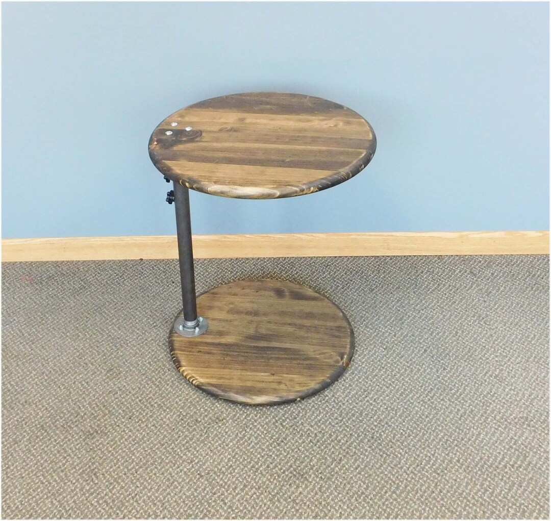 Adjustable Height Industrial Black Iron Pipe C Table With Round Pine ...