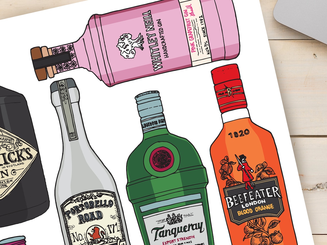 Gin Print Illustrated Gin Poster Kitchen Wall Art Bar | Etsy