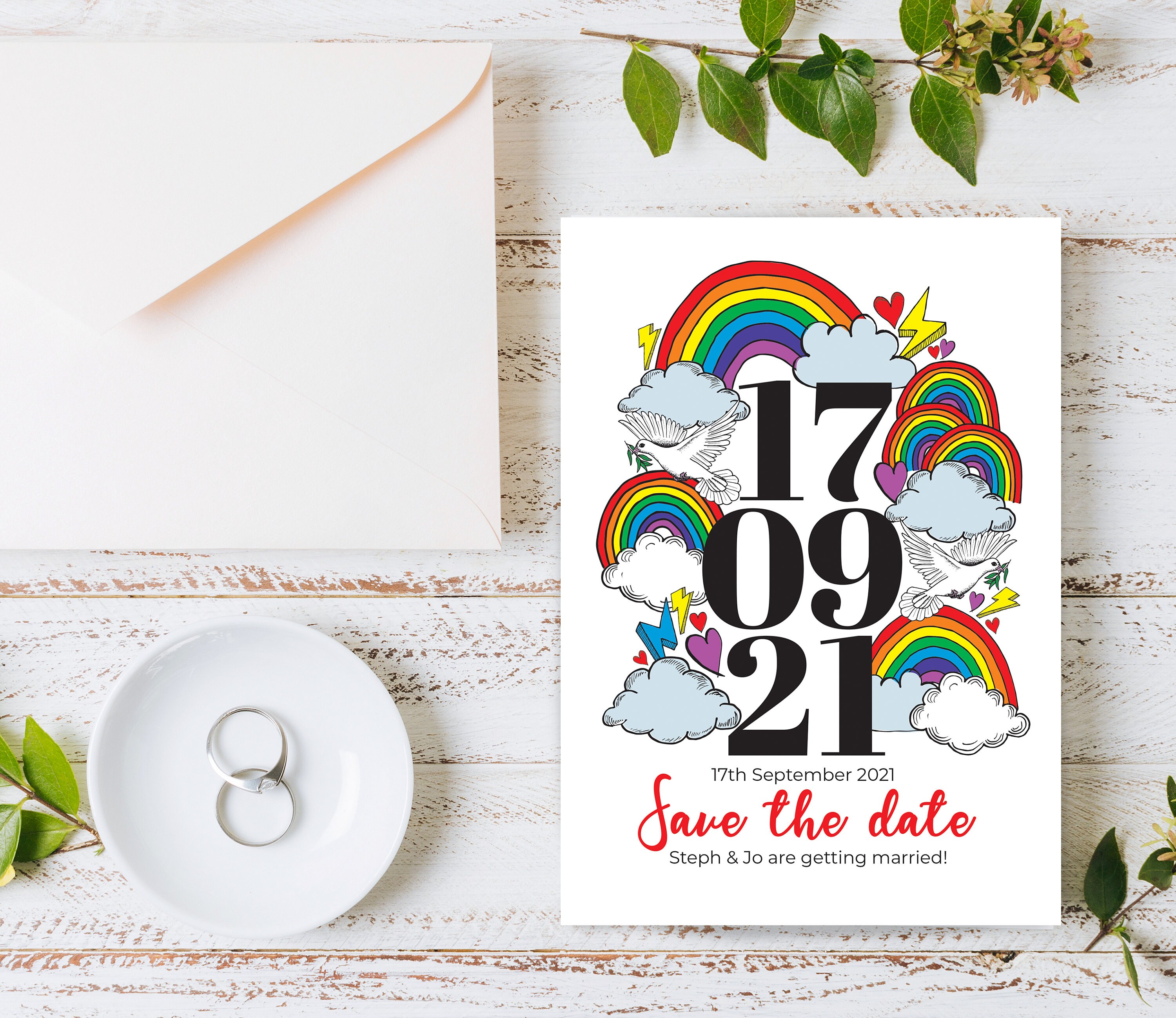 Rainbow Wedding Save the Date, Personalised, Customised, Colourful ...