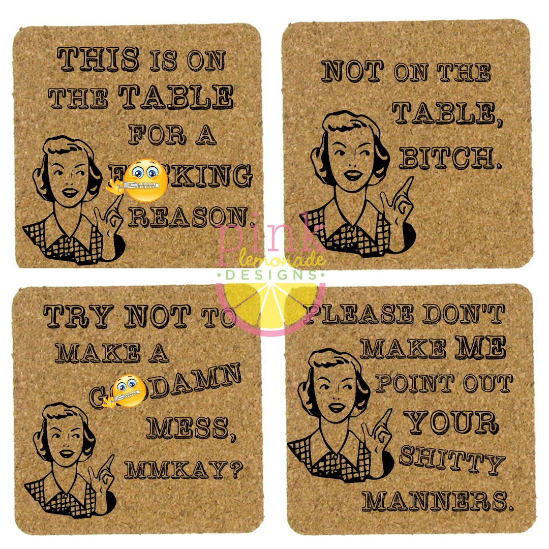 Set of 4 Square Cork Drink Coasters Vintage Lady Snarky Manners Drinker ...