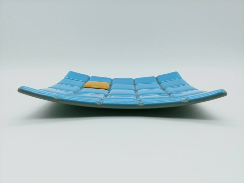 Modern Contemporary Graphic Blue, Grey and Orange Glass Decorative Dish ...