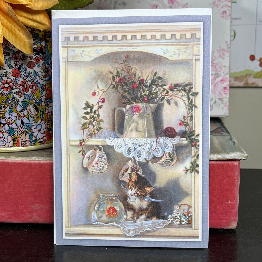 Vintage Kitten & Goldfish Blank Greeting Card Victorian Cat ...
