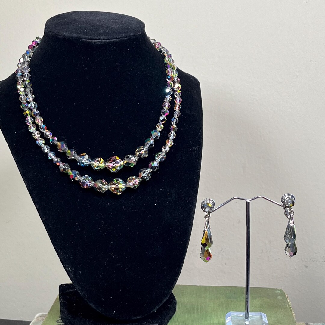 Vintage Pakula Watermelon AB Necklace Clip-on Earring Set 1950s Multi ...