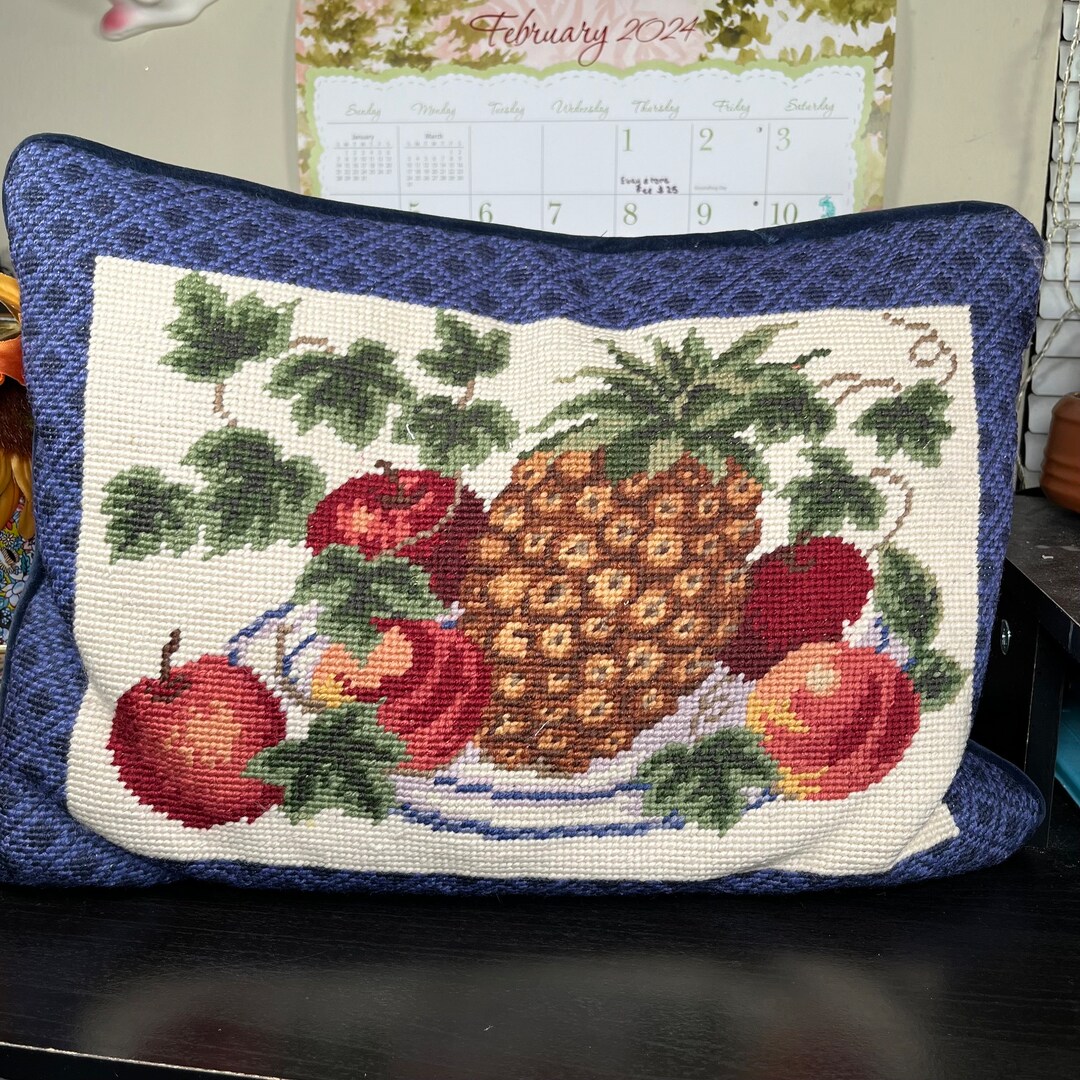 Vintage Fruit Needlepoint Pillow 1980s Decorative Wool Tapestry Accent Throw Pineapple 15 X 11 ...