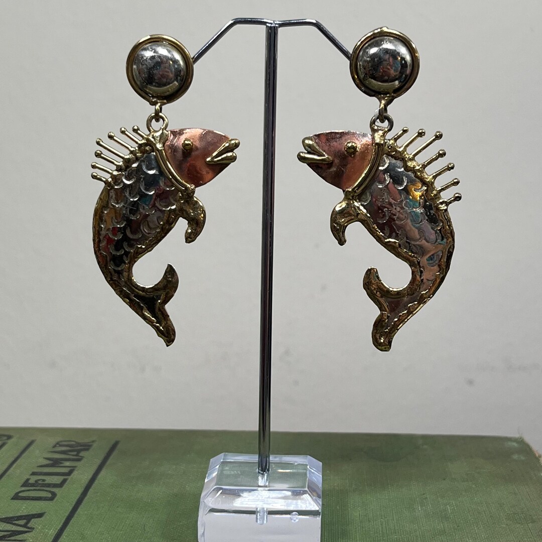 Vintage Handmade Fish Earrings 1990s Novelty Dangle Mixed Metal ...