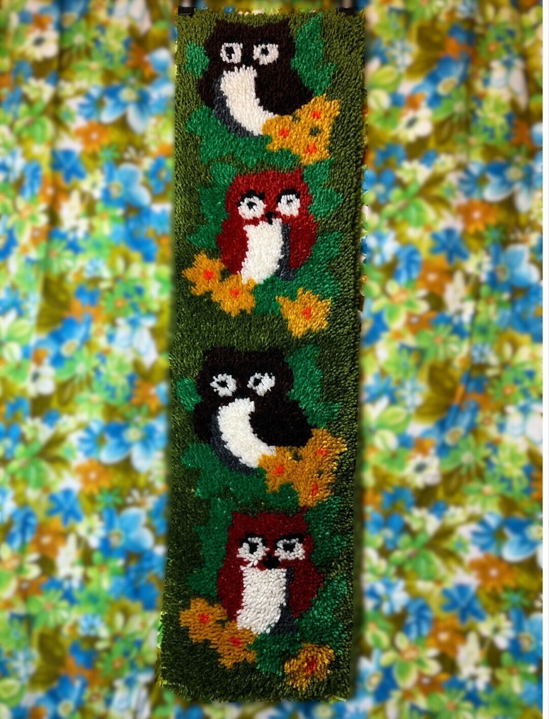 Vintage Night Owl Latch Hook 1970s Wall Hanging MCM Mod Cute Bird ...