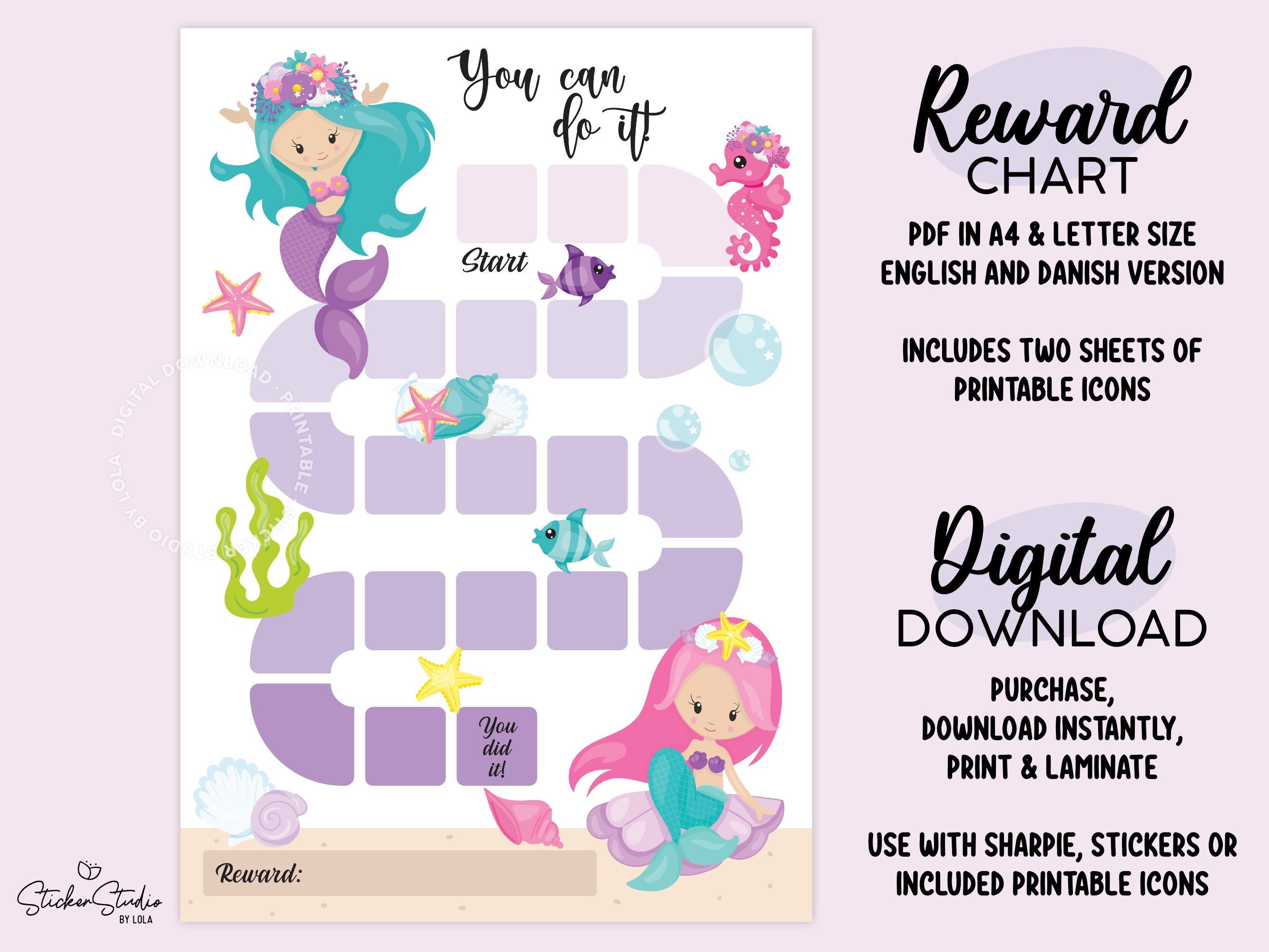 Mermaid Reward Chart Printable, Cute Chore Chart for Toddler, Sticker ...