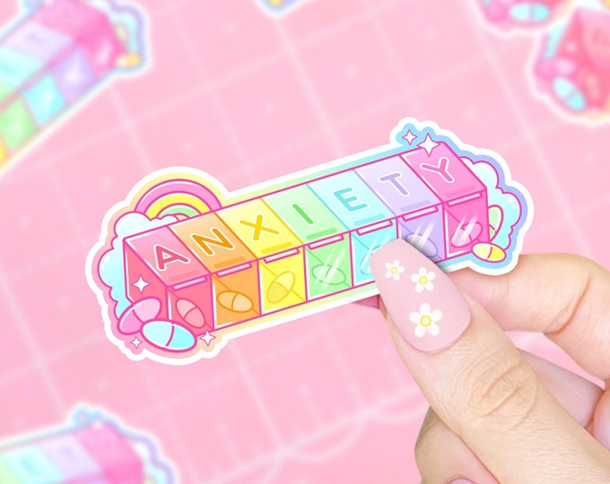 Anxiety Mental Health Pill Sticker Kawaii Rainbow Pill Container ...