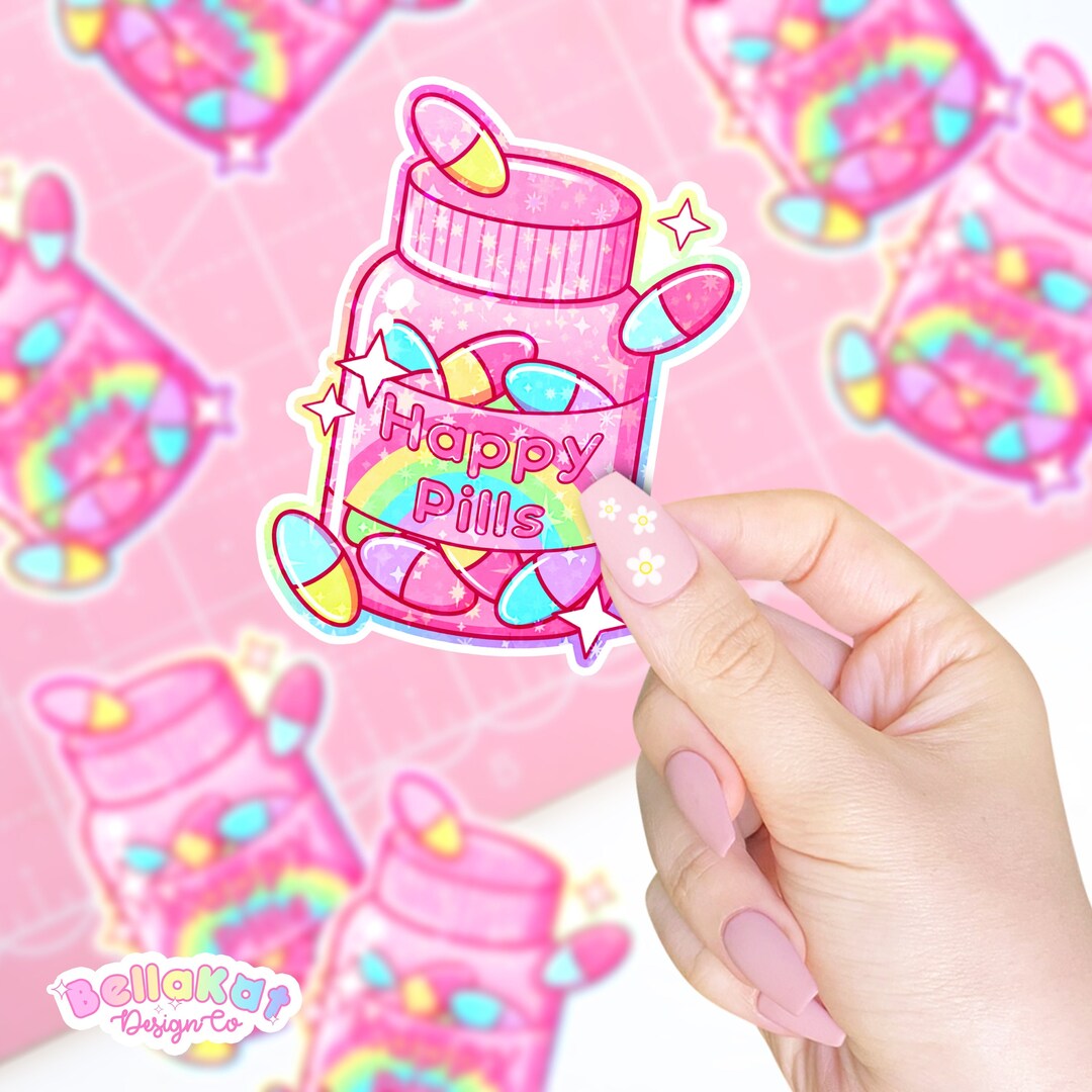 Rainbow Pink Happy Pills Sticker Kawaii Stationary Laptop Sticker Cute ...