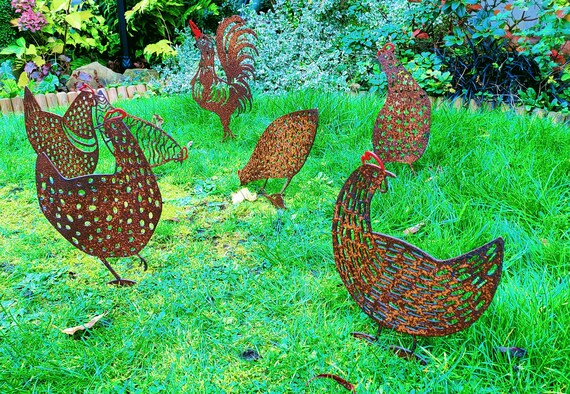 Rusty Rustic Garden Chickens With Red Combs - Etsy UK