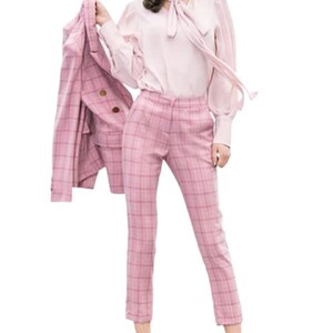 Pink Double Breasted Plaid Suits, Chequered 2 Piece Suit With Midi ...