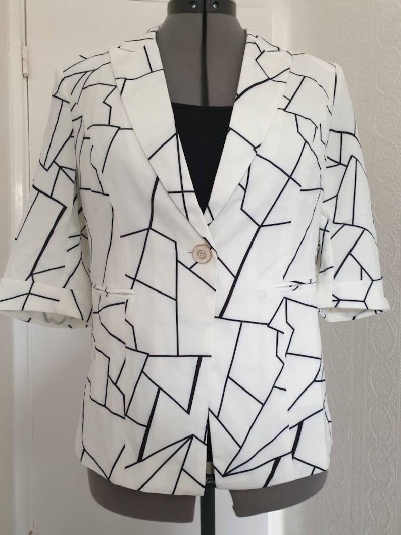 White Blazers for Women Geometric Print Blazers Midi Sleeves - Etsy