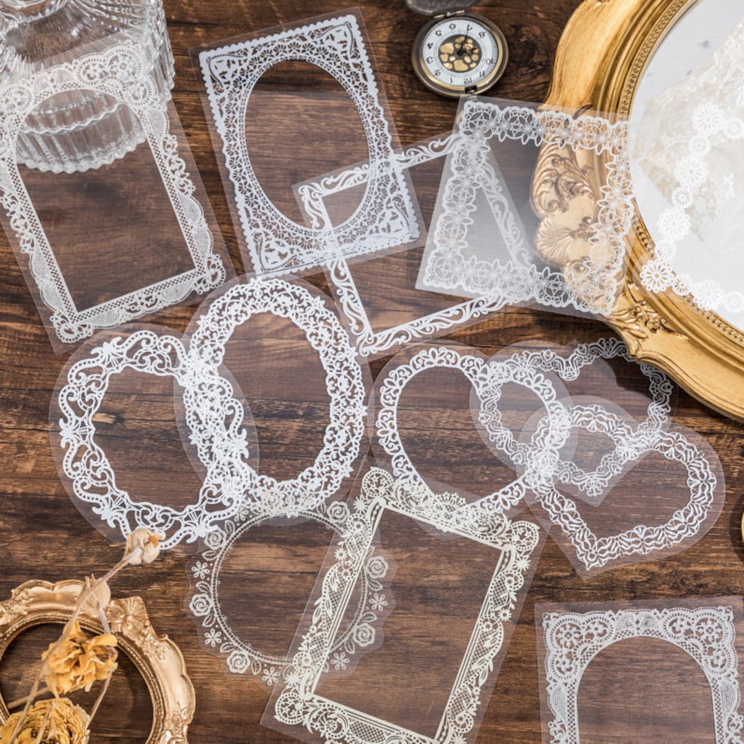 Large Clear Vintage White Gray Lace Sticker 10pcs, PET Doilies Sticker ...