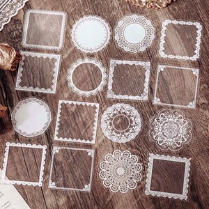 30pcs Lace Frame Floral Lace Sticker, Clear PET White Lace Doily ...