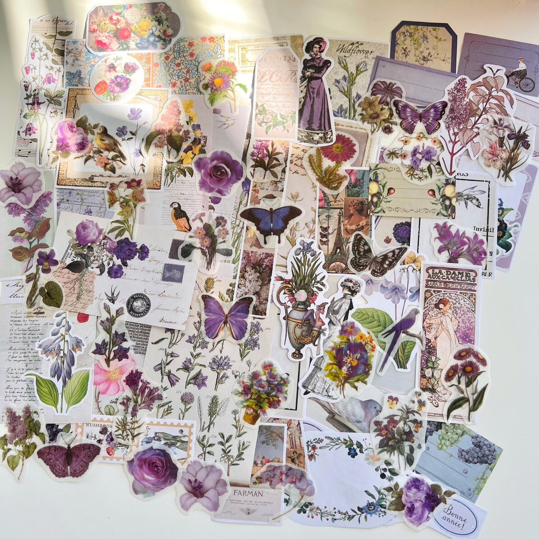 200PCS HUGE Ephemeral Junk Journal Pack, Nature Purple Theme, Stickers ...