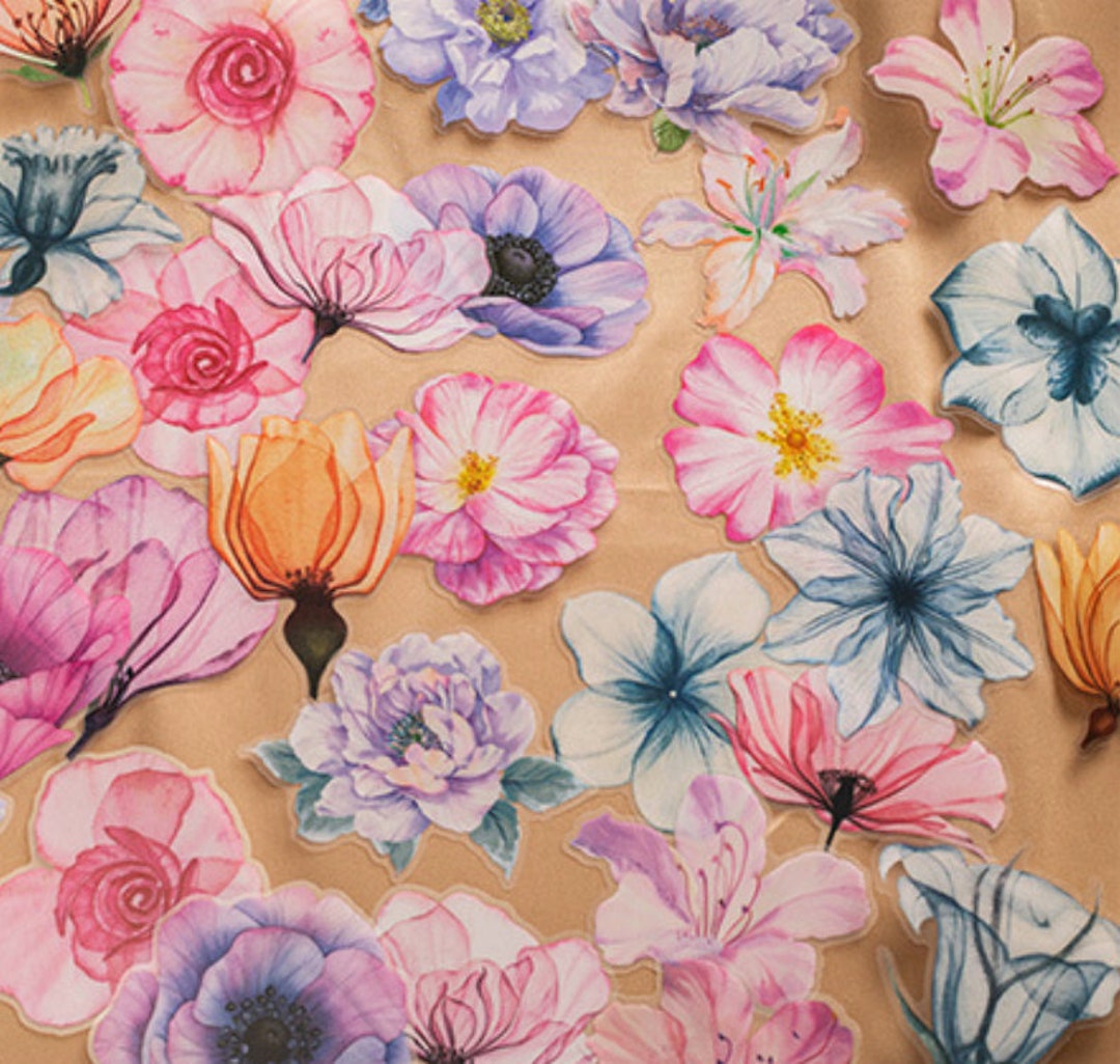 Large Watercolor Flower Sticker Pack 10pcs, Clear PET Vintage Rose Lily ...