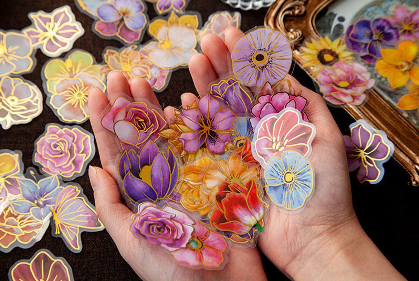 30pcs Gold Foil Clear Flower Stickers Transparent PET, Roses Wild ...