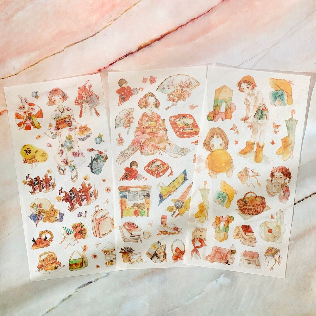 Die-cut Japanese School Girl Sticker Sheets, Translucent Hand-drawn ...
