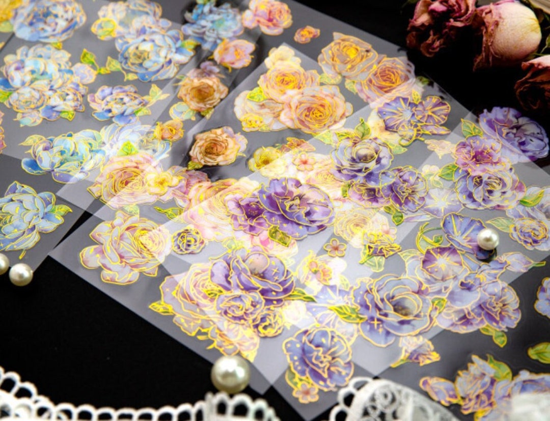 2 Sheets Gold Foil Clear Flower Sticker Sheet, Pink Rose Purple Blue ...