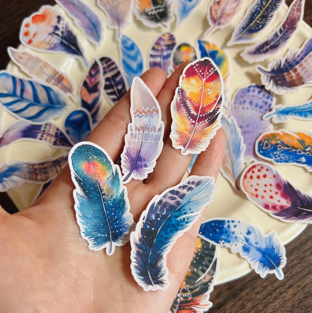Feather Stickers 44pcs, Watercolor Colorful Feather Stickers, Feather ...