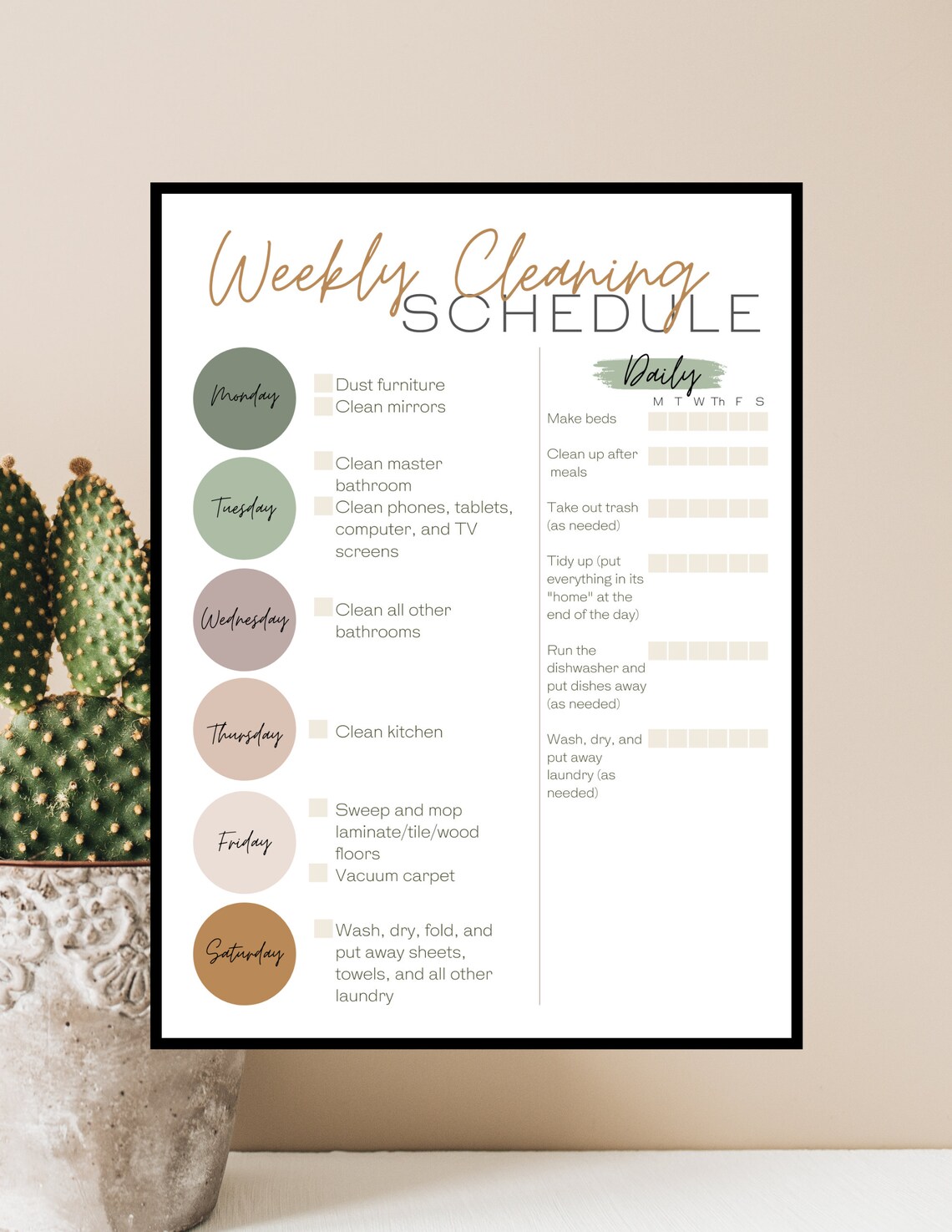 Boho Weekly Cleaning Schedule Printable Cleaning Planner Copper ...