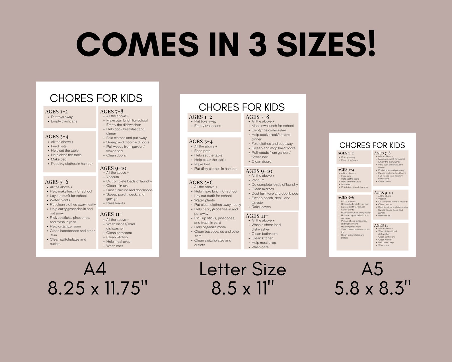 Light Pink Chores for Kids by Age Chart | Printable Age Appropriate ...