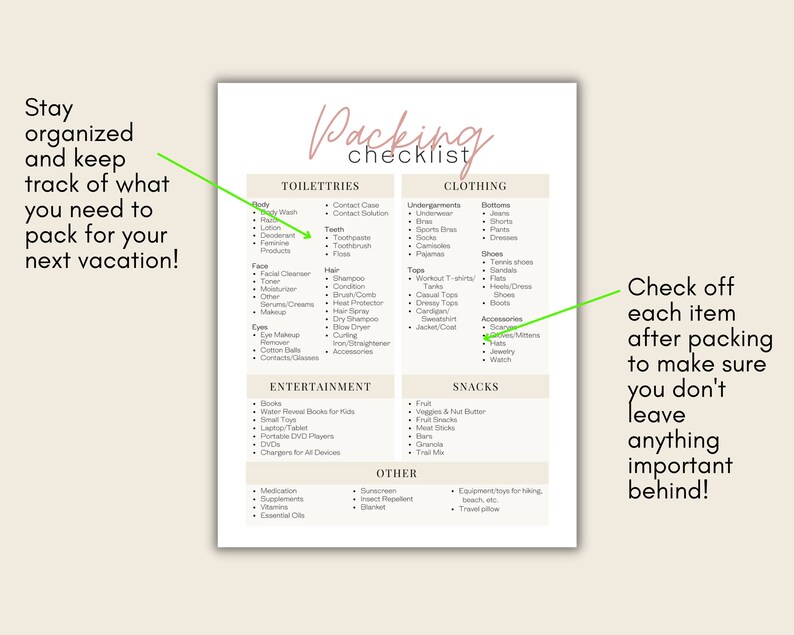 Pink and Beige Packing Checklist | Printable Packing List Template ...