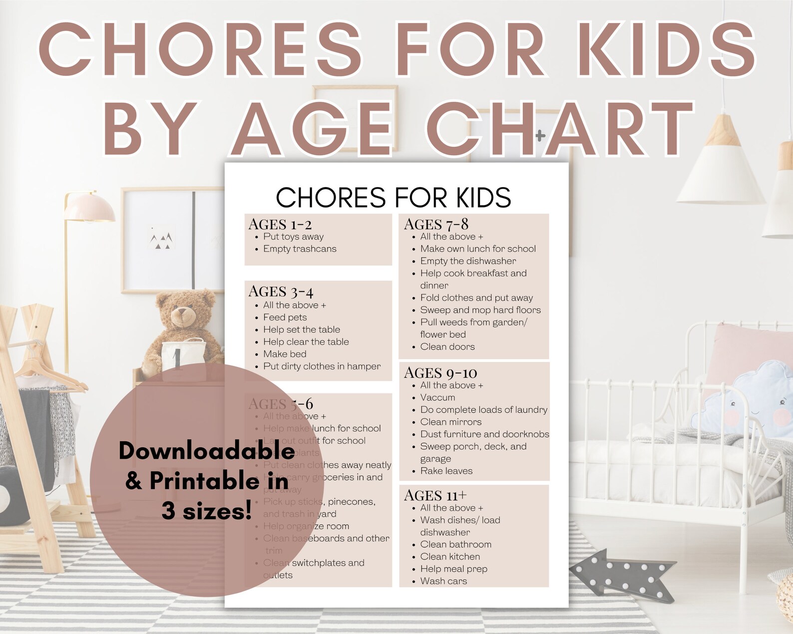 Light Pink Chores for Kids by Age Chart | Printable Age Appropriate ...