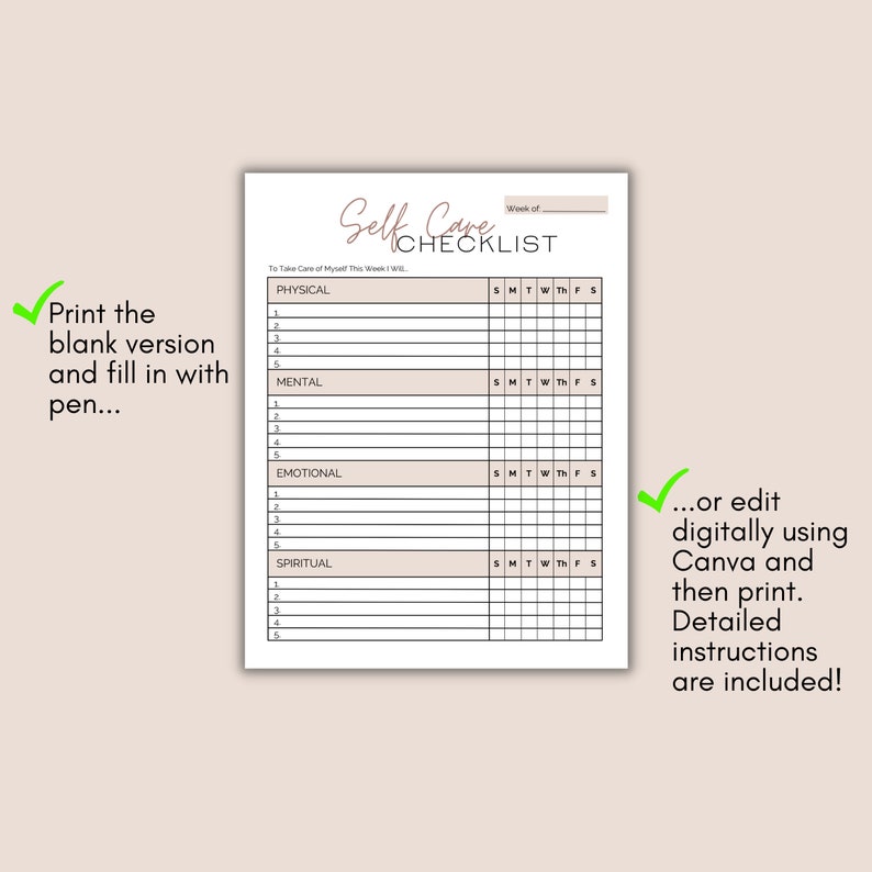 Rose Printable Self Care Checklist for Stress Management Self Care ...