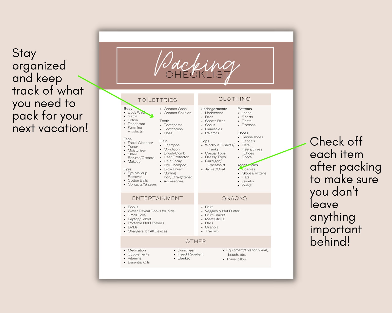 Rose Packing Checklist Printable Packing List Template Editable Packing ...
