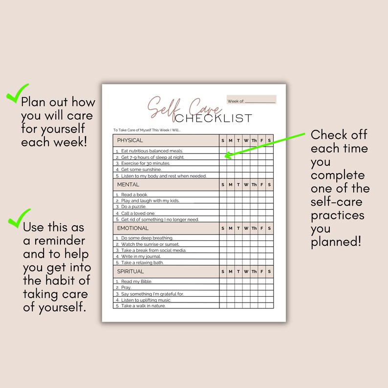 Rose Printable Self Care Checklist for Stress Management Self Care ...