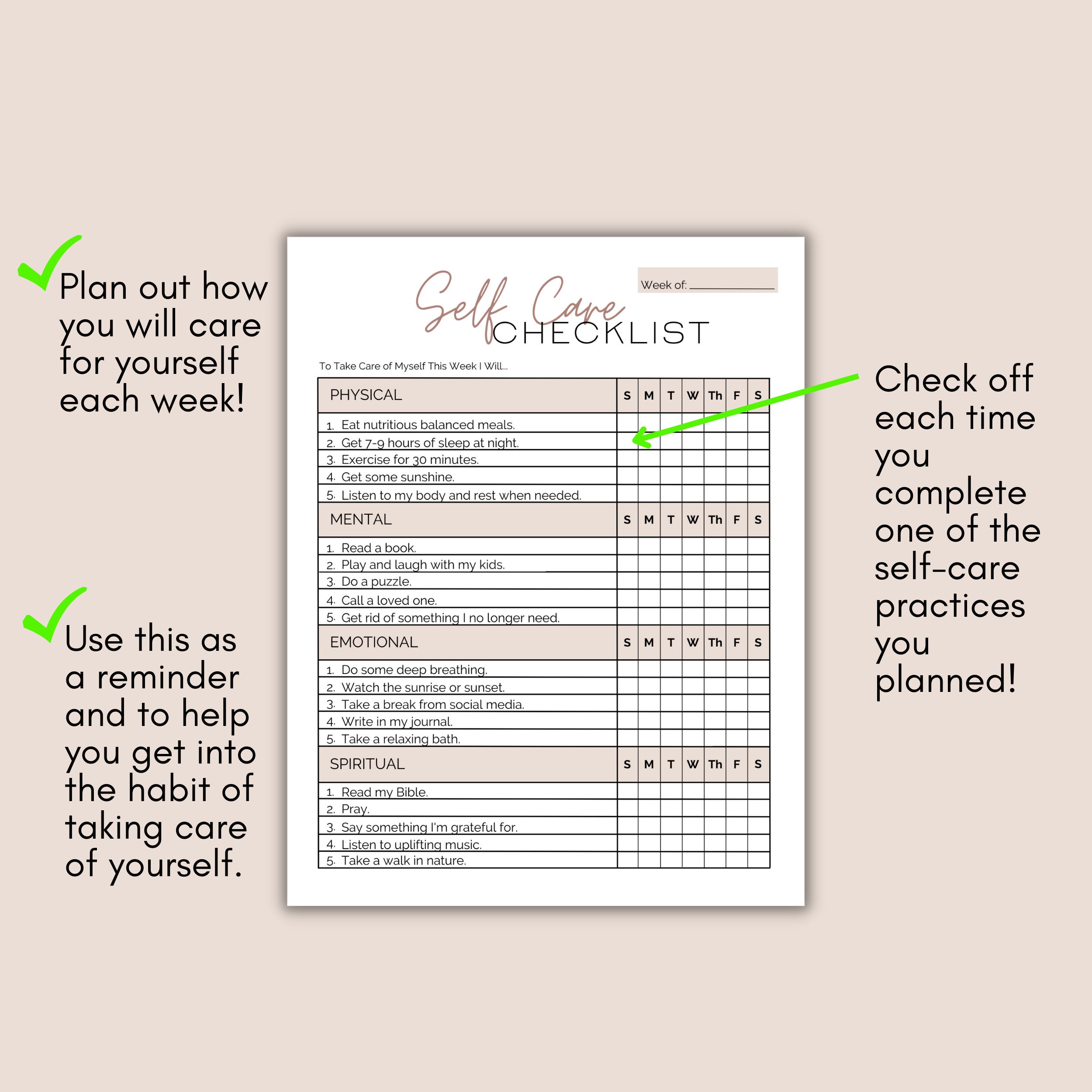 Rose Printable Self Care Checklist for Stress Management Self Care ...