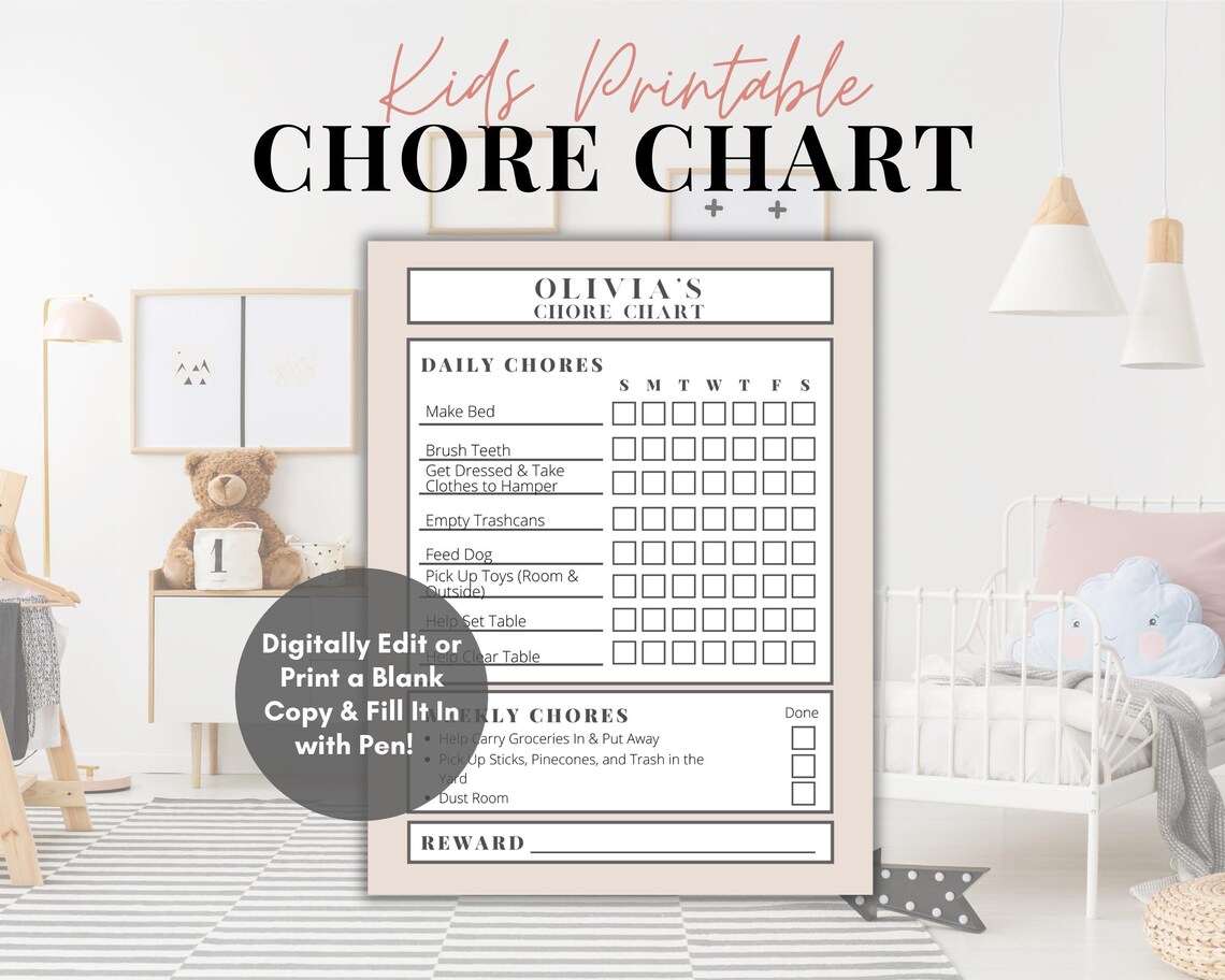 Editable Motivational Chore Chart Tracker PDF for Kids | Light Pink ...